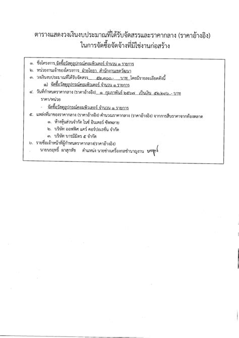 ตารางแสดงวงเงินงบประมาณที่ได้รับจัดสรรและราคากลาง ราคาอ้างอิง ในการจัดซื้อจัดจ้างที่มิใช่งาน