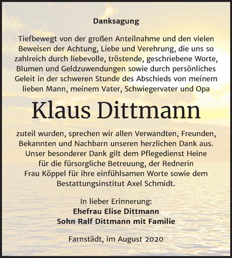 Traueranzeigen Von Klaus Dittmann Abschied Nehmen De