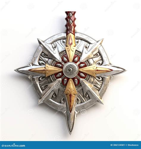 Intricately Sculpted Silver Compass With Red Blade Zbrush Style Stock