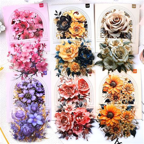 60 Pcs Scrapbook Stickers 6 Styles Rose Sunflower Flower