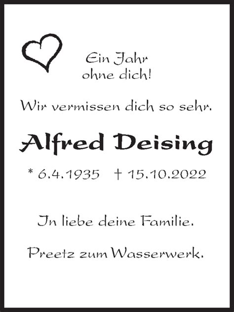 Traueranzeigen Von Alfred Deising Trauer Anzeigende