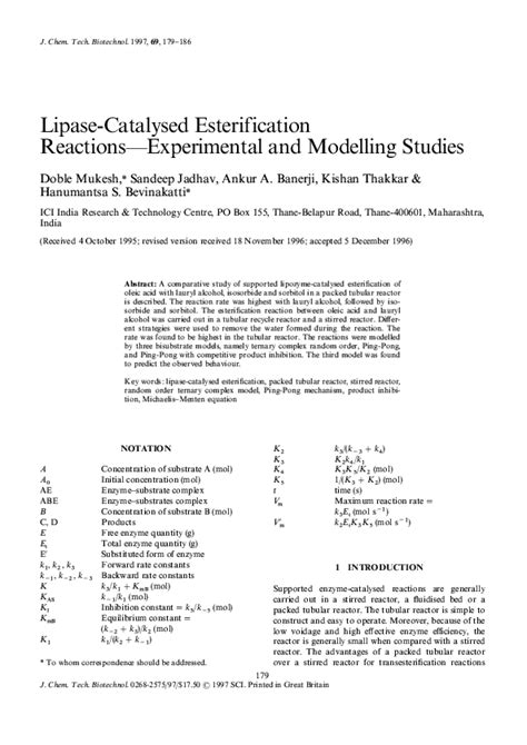 Pdf Lipase Catalysed Esterification Reactions—experimental And