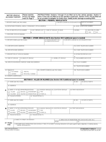 Printable Vehicle Accident Report Form Template Free