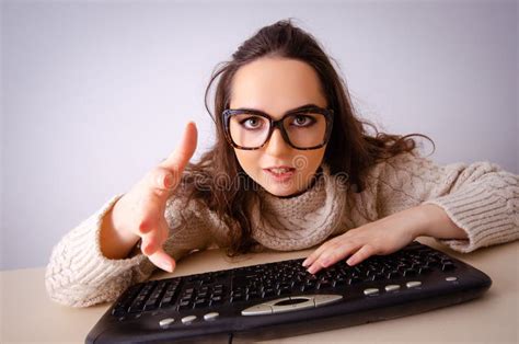 Funny Nerd Girl Working On Computer Stock Image Image Of Female