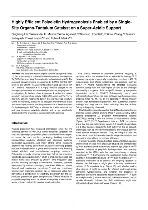 Pdf Highly Efficient Polyolefin Hydrogenolysis Enabled By A Single
