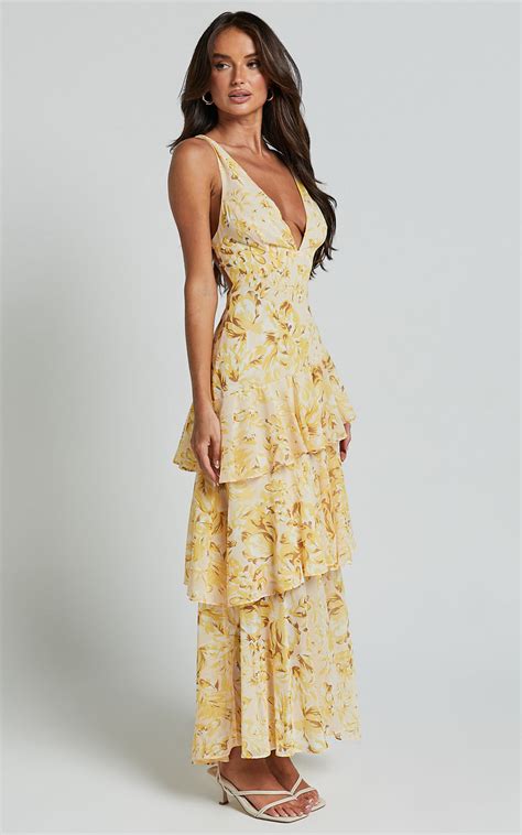 Beryl Midi Dress Deep V Neck Sleeveless Layered Dress In Yellow