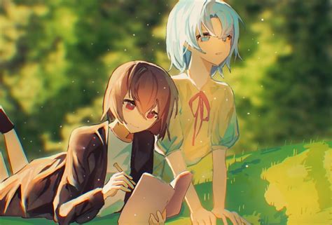 Safebooru 1boy 1girl Black Jacket Blue Eyes Blue Hair Book Brown Hair