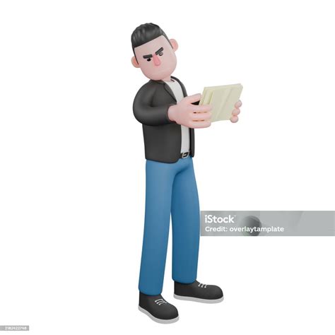 3d의 애니메이션 음악 캐릭터 한 남성 음악가가 오른쪽을 바라보며 왼쪽을 바라보고 서 있고 양손은 종이를 들고 있다 만화 캐릭터 3차원 형태에 대한 스톡 사진 및 기타