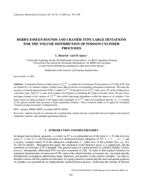 Pdf Berryesseen Bounds And Cramér Type Large Deviations For The Volume Distribution Of