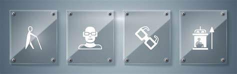 장애인 안경 시력 저하 및 맹인 인간 홀딩 스틱을 위한 엘리베이터를 설정합니다 정사각형 유리 패널 벡터 건강 진단에 대한 스톡 벡터 아트 및 기타 이미지 Istock