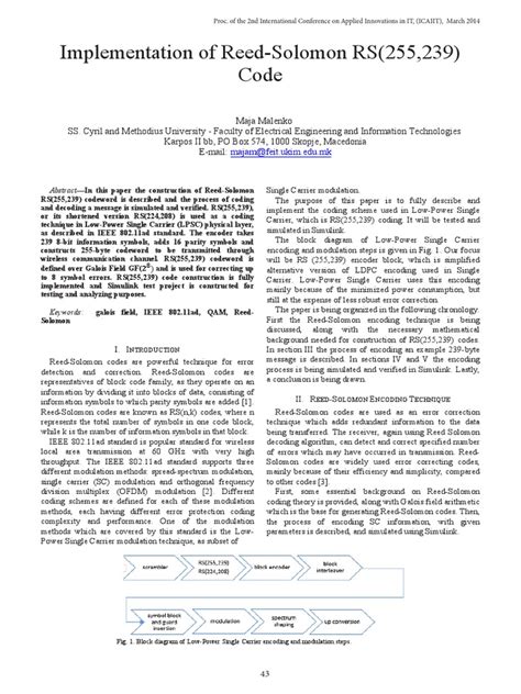 Implementation Of Reed Solomon Rs 255 239 Code Pdf Code Field Mathematics
