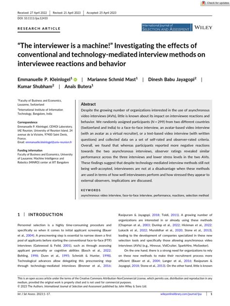 Int J Selection Assessment 2023 Kleinlogel The Interviewer Is A Machine Investigating The
