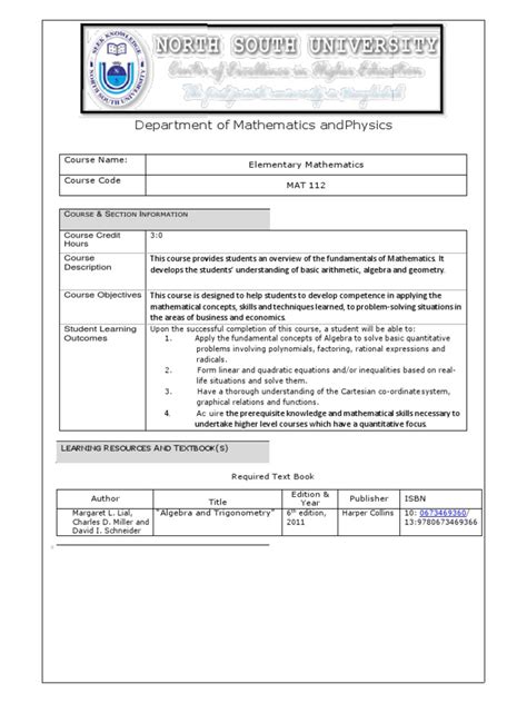 department of mathematics and physics course name elementary
