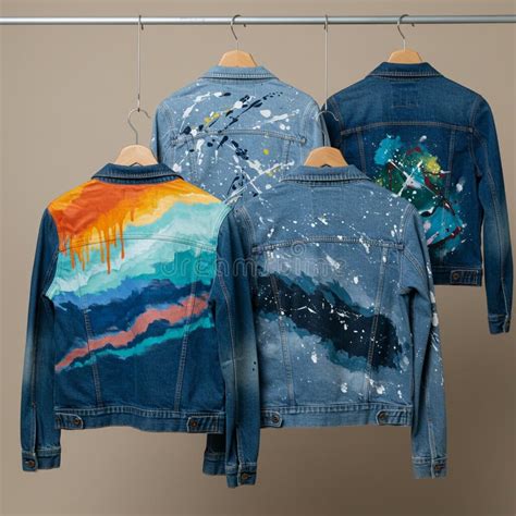 Denim Jackets Hanging On A Rack Each Featuring Unique Vibrant Hand