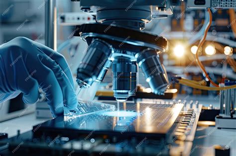 Inspecting Semiconductor Wafers Under Microscope In Hightech Lab