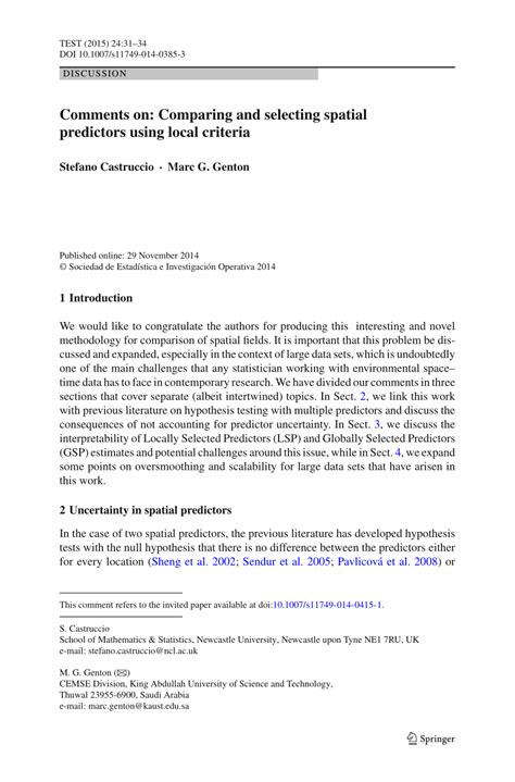 Pdf Comments On Comparing And Selecting Spatial Predictors Using Local Criteria