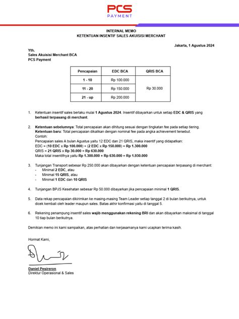 Internal MEMO - Ketentuan Insentif Sales BCA Agt 2024 | PDF
