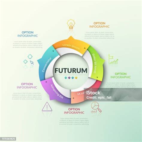 원형 다이어그램은 얇은 선 아이콘과 텍스트 상자를 가리키는 화살표가있는 5 개의 여러 가지 색의 겹치는 섹터로 나뉩니다 둥근 포인터 개념입니다 인포그래픽에 대한 스톡 벡터