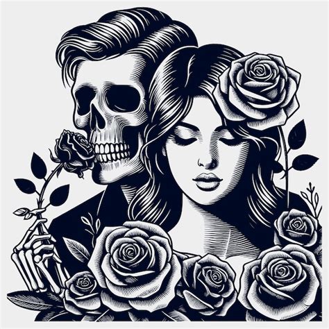 Man Woman Skeleton and Roses Silhouette Vector Svg FilesSkull with ...