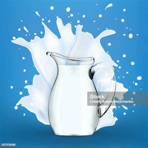 방울 벡터 현실적인 일러스트 레이 션의 많은 우유의 완전 투명 한 주전자의 뒤에 큰 우유 스플래시 물이 튀는에 대한 스톡 벡터