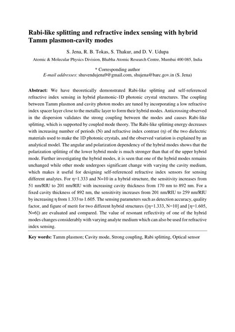 pdf rabi like splitting and refractive index sensing with hybrid tamm