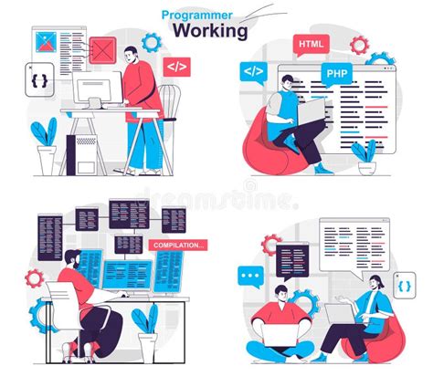 Programmer Working Concept Set Developer Creates Software And Tests