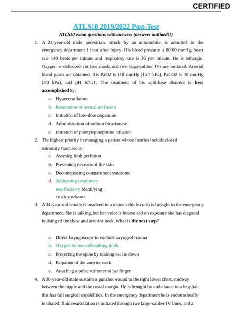 Atls10 2023 Post Test Atls Post Test With Complete Solutions