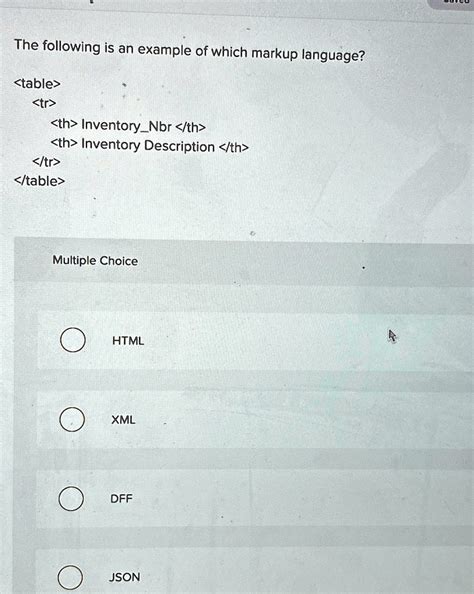 solved the following is an example of which markup language inventory