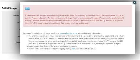 when creating nfs share with nfs clients it comes with error bugs