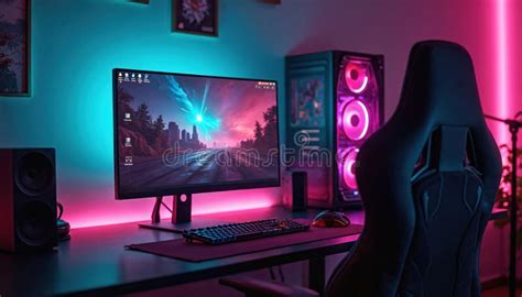 Gaming Computer Workstation With Neon Lights Black Gaming Chair Monitor Displaying Abstract