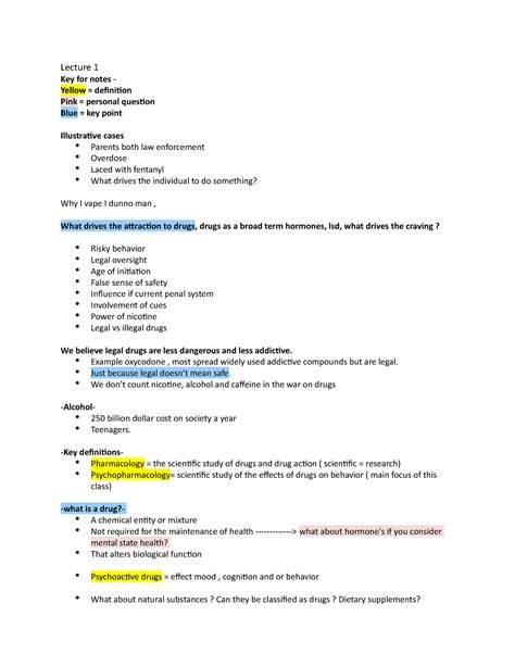 Psych 330 Lecture 1 D Werner Drugs And Behavior Fall 2022 Lecture 1 Key For Notes Yellow
