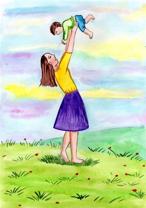 Акварельная иллюстрация Мама с сыном Watercolor Illustration Mom With Son Акварельные