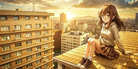 Anime Girl Sitting On The Roof Of A Multistory Building Anime Wallpaper