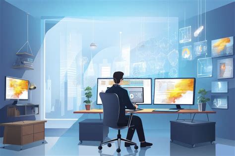 Man Sitting At Desk With Two Monitors Stock Image Image Of Computer Professional 304959709
