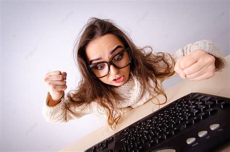 Funny Nerd Girl Working On Computer Photo Background And Picture For