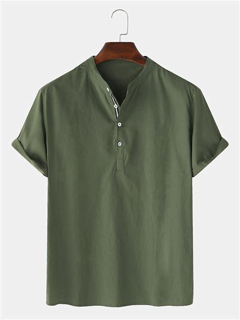 Mens Solid Color Stand Collar Short Sleeve Casual Cotton Henley Shirts
