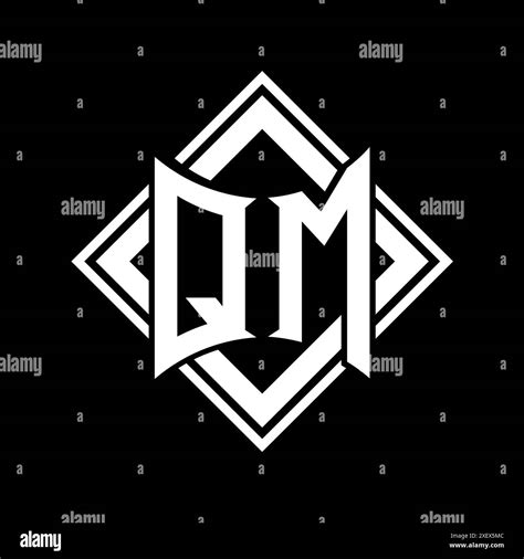 QM Letter Logo With Abstract Shield Shape With Square White Outline On Black Background Template