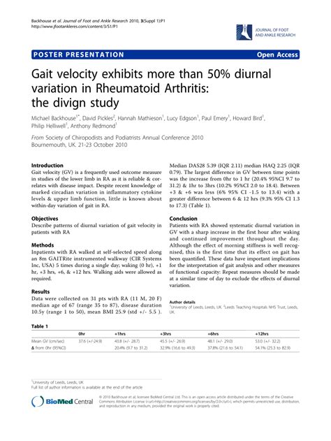 Pdf Gait Velocity Exhibits More Than 50 Diurnal Variation In Rheumatoid Arthritis The Divign