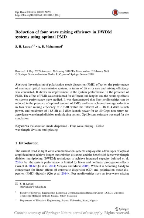 Reduction Of Four Wave Mixing Efficiency In Dwdm Systems Using Optimal Pmd Request Pdf