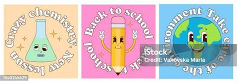 학교로 돌아 가기 학교 과목의 그루비한 캐릭터 학교 수업에 대한 창립 포스터 글로브 시험관과 연필 벡터 일러스트레이션 1960