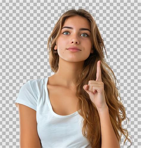 Девушка поднимает палец Внимание пожалуйста на изолированном прозрачном фоне Премиум Ai