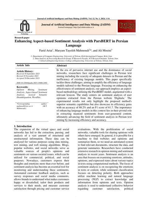 Pdf Enhancing Aspect Based Sentiment Analysis With Parsbert In Persian Language