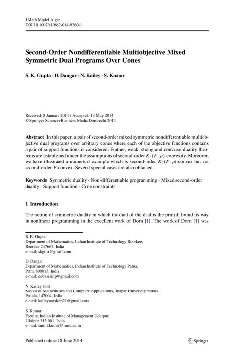 PDF Second Order Nondifferentiable Multiobjective Mixed Symmetric Dual Programs Over Cones
