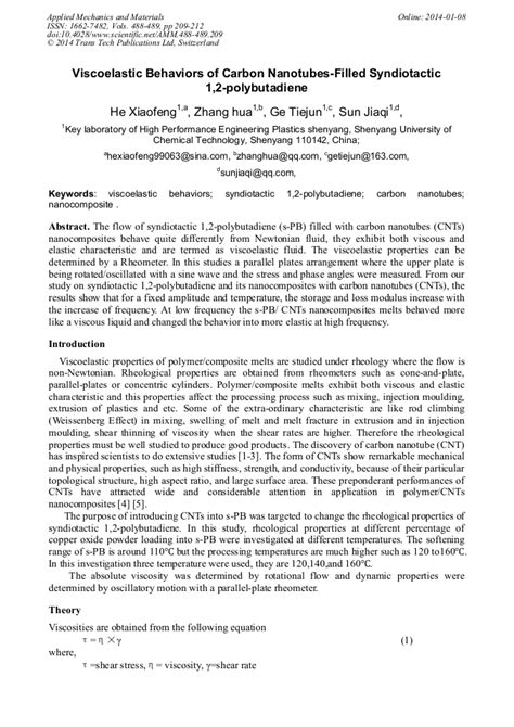 Viscoelastic Behaviors Of Carbon Nanotubes Filled Syndiotactic 12 Polybutadiene Scientificnet