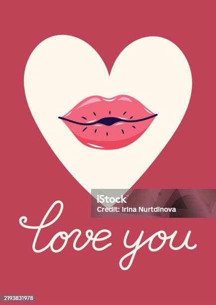 키스 입술과 비문이 새겨진 발렌타인 데이 카드는 당신을 사랑합니다 간단하고 귀여운 인사말 카드입니다 벡터 일러스트 레이 션 발렌타인 카드에 대한 스톡 벡터 아트 및 기타