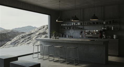 Brutalist Cafe Interior With Concrete Bar And View Of Rocky Landscape Stock Illustration