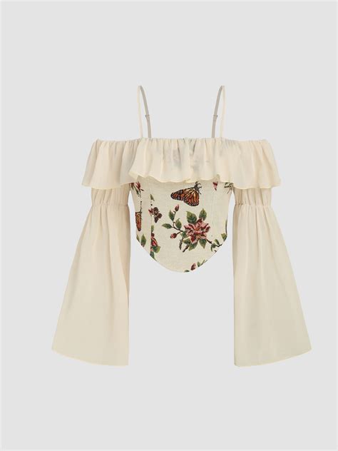 사이다 Cider 플로럴 And 버터플라이 러플 오프숄더 코르셋 크롭 탑 위시버킷