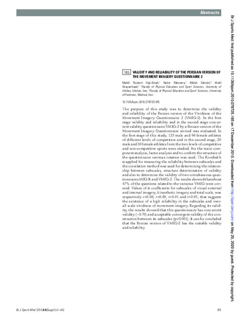 Pdf Validity And Reliability Of The Persian Version Of The Movement Imagery Questionnaire 2