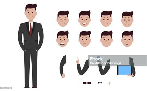 비즈니스 정장 창조 생성자 세트에서 남성 소년 남자 문자 다른 보기 감정 제스처 흰색 배경에 고립 디자인을 빌드합니다 카툰 플랫