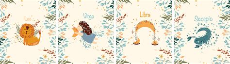 조디악 처녀 자리 전갈 자리 레오 나뭇잎 화려한 꽃과 별이있는 천칭 자리 점성술 조디악 표지판을 포스터 로고 카드에 완벽하게 설정하십시오 벡터 그림입니다 천칭자리에 대한